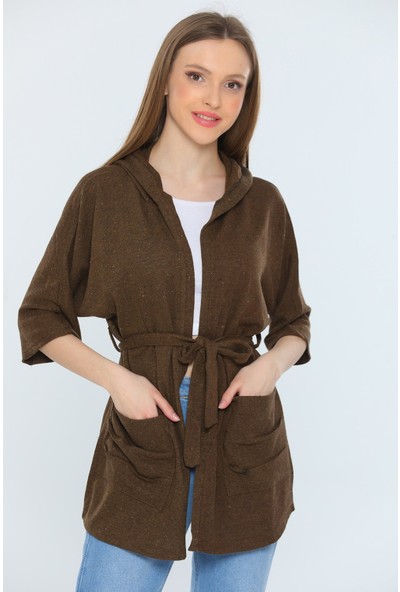 Julude Kahve Kadın Likralı Kapüşonlu Mevsimlik Triko Panço Hırka Julude Kahve Kadın Likralı Kapüşonlu Mevsimlik Triko Panço Hırka