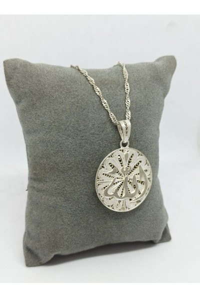 Firuze Gümüş Allah (C.c) Yazılı Telkari Gümüş Kolye