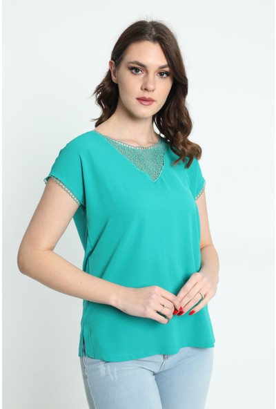 Ella Camelia Kadın Dantel Detaylı Bluz 5010024 Yeşil