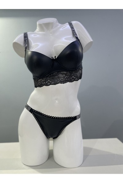 Rapapa Kadın Dolgulu Deri Taşlı Bralet Sütyen Takımı Siyah 0904-