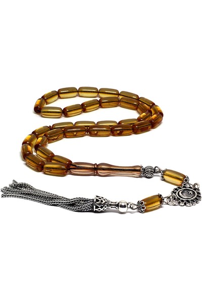 Bakcenter Blok Zar Tadında Yeni Döküm Kehribar Tesbih Gümüş Püsküllü