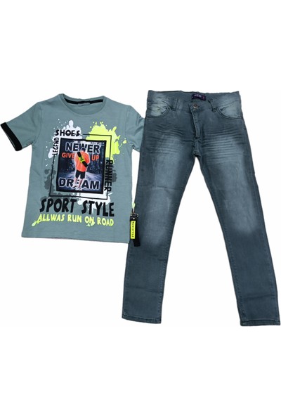 Erkek Çocuk Newer Yazı Desenli Kot Pantolonlu Takım