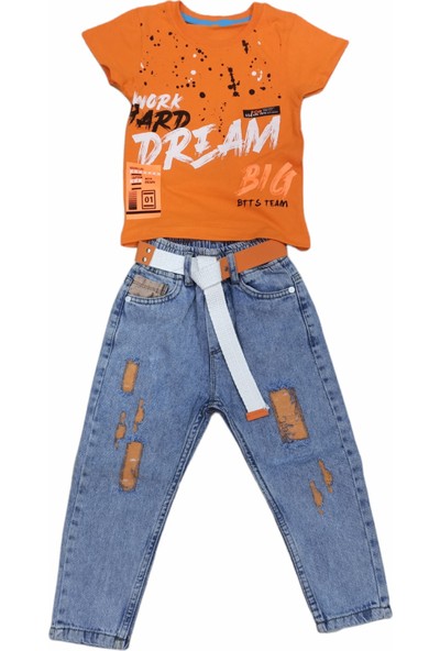 Erkek Çocuk Tişört Yırtık Kot Detaylı Takım