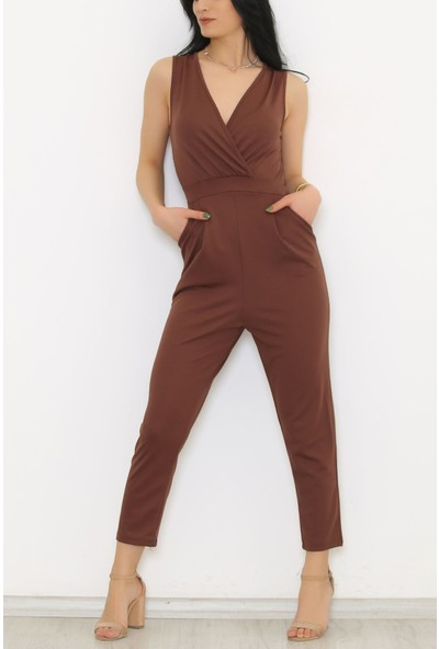 İsunstore Kruvaze Yaka Sıfır Kol Tulum Kahve - 2705.1595. İsunstore Kruvaze Yaka Sıfır Kol Tulum Kahve - 2705.1595.