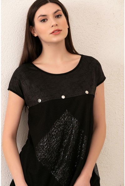 Etkimod Kadın Siyah Önü Pul Işlemeli Deri Garnili Bluz Etkimod Kadın Siyah Önü Pul Işlemeli Deri Garnili Bluz
