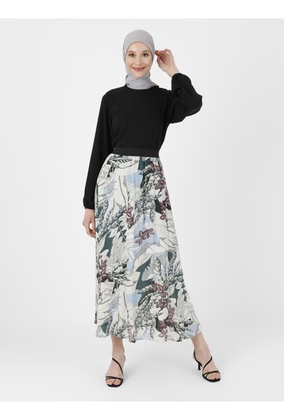 Refka Tropik Desenli Astarlı Etek - Mavi - Refka Casual