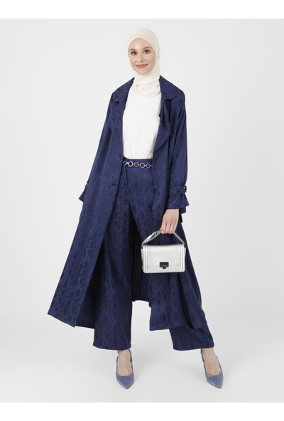 Refka Geniş Paça Jakarlı Saten Pantolon - Lacivert - Refka Woman