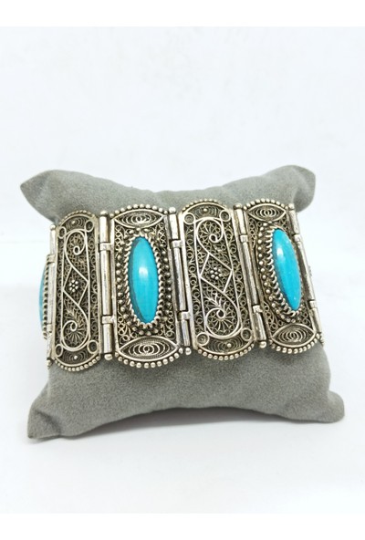 Firuze Gümüş Telkari Mavi Firuze Taşlı Gümüş Kadın Bileklik