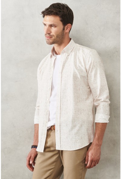 AC&Co / Altınyıldız Classics Erkek Bej Slim Fit Dar Kesim Düğmeli Yaka Baskılı Gömlek AC&Co / Altınyıldız Classics Erkek Bej Slim Fit Dar Kesim Düğmeli Yaka Baskılı Gömlek