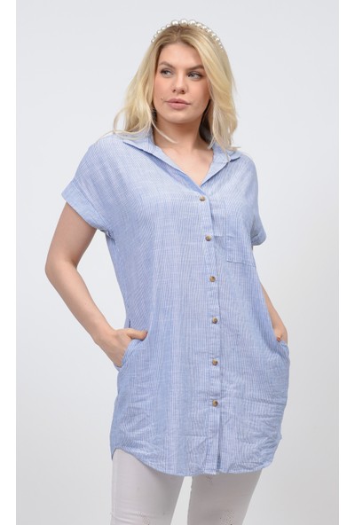 Tusse Kısa Kol Düz Renk Önü Düğmeli Uzun Boy Pamuklu Büyük Beden Gömlek
