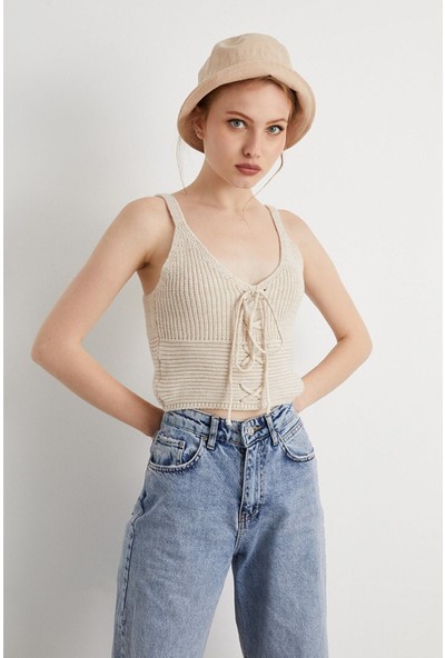 Kadın Zikzak Ipli Triko Crop Bluz Kadın Zikzak Ipli Triko Crop Bluz