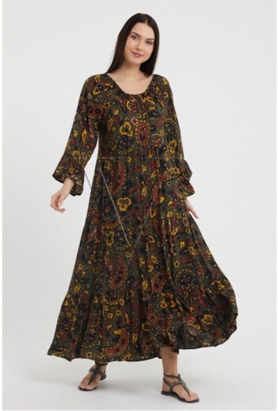 vale Woman Kadın Etnik Desenli Tesettür Bol Kesim Uzun Salaş Elbise