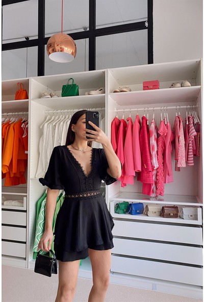 MyLove Dökümlü Vintage Şort Tulum Siyah