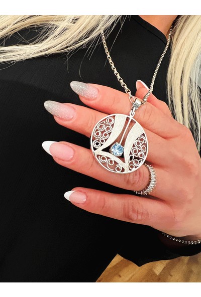 İpekyol Akuamarine Gümüş Telkari Tasarım Madalyon