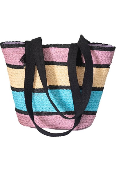 kavshak Kadın Çok Renkli Koton Askılı Hasır Plaj Çantası