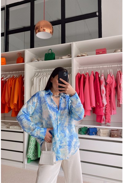 Painting Saten Gömlek Mavi Painting Saten Gömlek Mavi