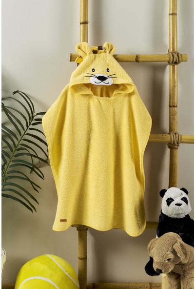Ely Parker Panço Çocuk Bornoz Plaj Havlusu Kapşonlu (3-7 Yaş) İç-Dış Yüzey %100 Pamuk Sarı Aslan Hayvan