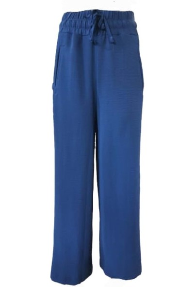 Oxp 0257 Kadın Hamur Keten Kapri Boy Lastikli Pantolon. - Mavi - M