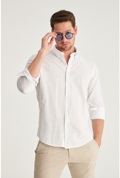 D'S Damat Slim Fit Beyaz Keten Görünümlü Gömlek