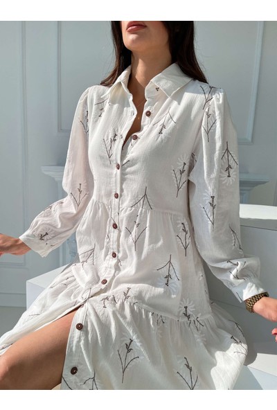 Okyanus Butik Kadın Beyaz Kahve Çiçek Nakışlı Keten Elbise