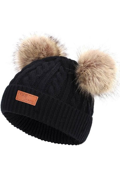 Luxuitems Çocuk Erkek Kız Örme Bere Şapka Kalın Kış Sıcak Çift Pom Bobble Kayak Şapkası (Yurt Dışından)