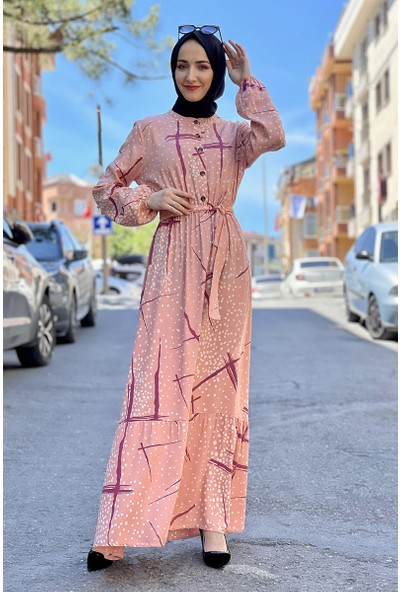 Sinelay Moda Çizgi Desenli Tesettür Elbise Somon Sinelay Moda Çizgi Desenli Tesettür Elbise Somon