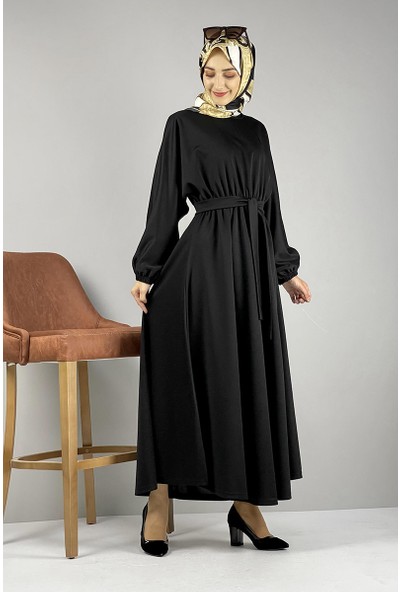 Moda Çizgi Belden Lastikli Elbise Siyah