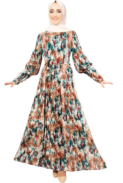 Sinelay Moda Çizgi Pileli Detaylı Desenli Elbise Zümrüt Sinelay Moda Çizgi Pileli Detaylı Desenli Elbise Zümrüt