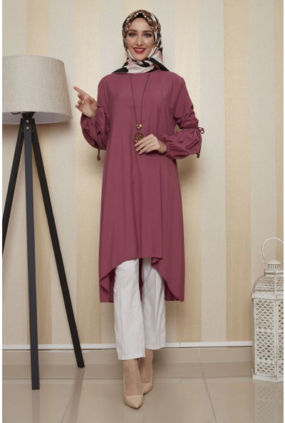 Sinelay Moda Çizgi Balon Kol Kolye Detaylı Tunik Gül Kurusu