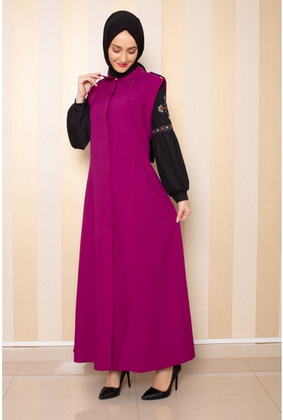 Sinelay Moda Çizgi Gömlek Yakalı Yelek Mürdüm