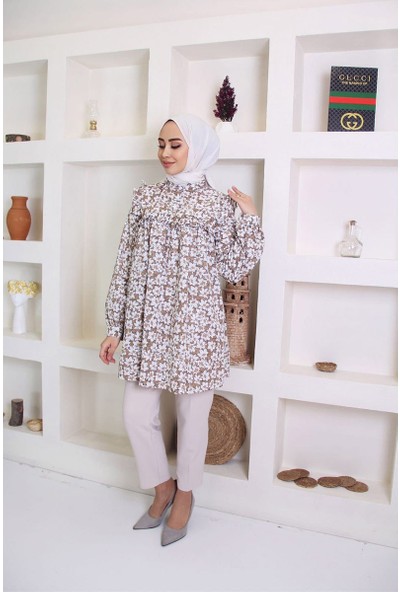 Sinelay Moda Çizgi Omuzları Fırfırlı Tunik Kahve