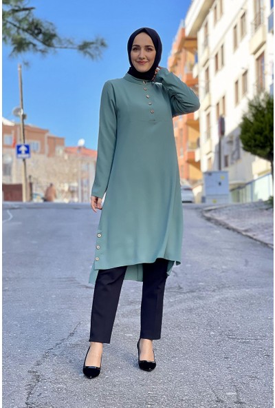 Moda Çizgi Düğme Detaylı Aerobin Tunik Çağla