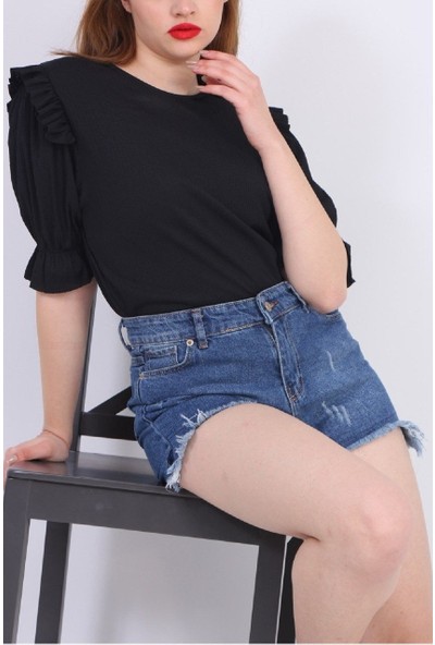 Sue Omuz Fırfırlı Bluz Siyah