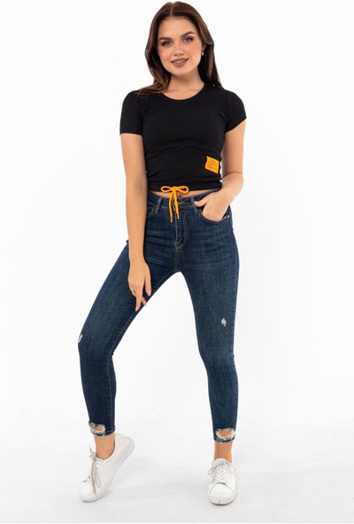 Kadın Eteği Kordonlu Kısa Kollu Fitilli Crop Kaşkorse