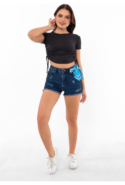 AllSeen Kadın Kısa Kollu Yandan Büzmeli Fitilli Crop Kaşkorse AllSeen Kadın Kısa Kollu Yandan Büzmeli Fitilli Crop Kaşkorse