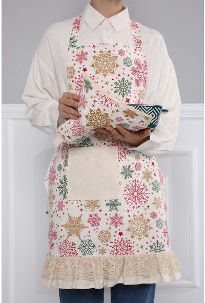 Sinelay Kenarları Dantelli Mutfak Önlüğü Tutacak Seti