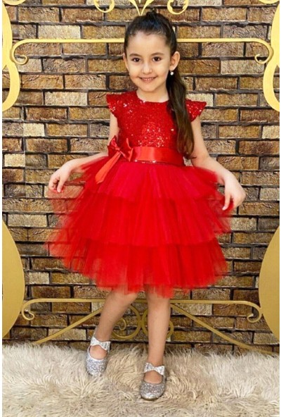 Kız Çocuk Kırmızı Tüllü Pul Payetli Parti Elbisesi Kız Çocuk Kırmızı Tüllü Pul Payetli Parti Elbisesi