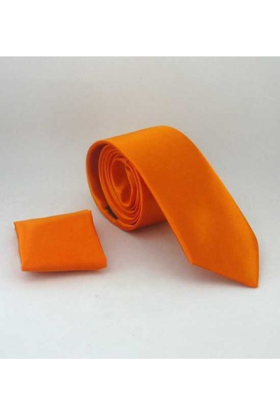 Gaffy Turuncu Slim Fit Düz Renk Mendilli Saten Kravat Gaffy Turuncu Slim Fit Düz Renk Mendilli Saten Kravat