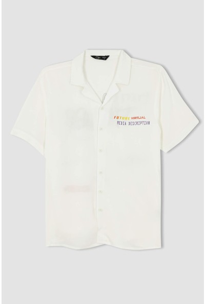 Regular Fit Slogan Baskılı Poplin Kısa Kollu GÖMLEK X3337AZ22SM