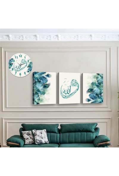 Vav, Allah Turkuaz Temalı 3 Parçalı Kanvas Tablo ve Saat Kombinli Vav, Allah Turkuaz Temalı 3 Parçalı Kanvas Tablo ve Saat Kombinli