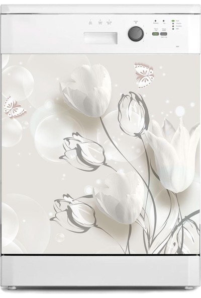 Sticker Art Bulaşık Makinesi Sticker Kaplama Beyaz Eşya Kaplama Gri Çiçek