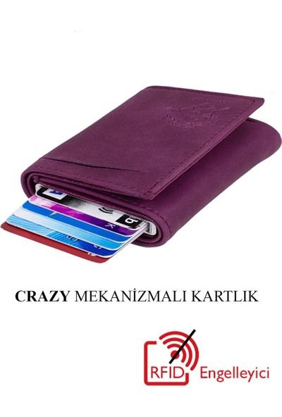 Mor Crazy Deri Mekanizmalı Otomatik Kızaklı Kartlık Cüzdan (7CMX10CM)