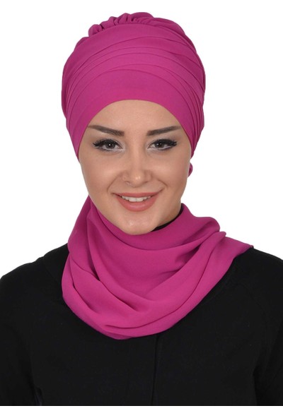 Çapraz Dikim Fularlı Tasarım Şifon Hazır Türban Fuşya
