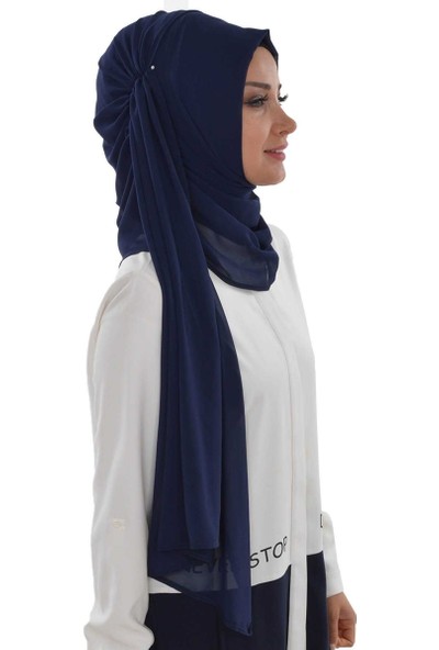 Yandan Büzgülü Tasarım Pratik Şifon Şal Lacivert