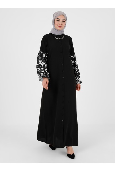 Tavin Kolları Desenli Boydan Düğmeli Elbise - Siyah - Tavin Tavin Kolları Desenli Boydan Düğmeli Elbise - Siyah - Tavin