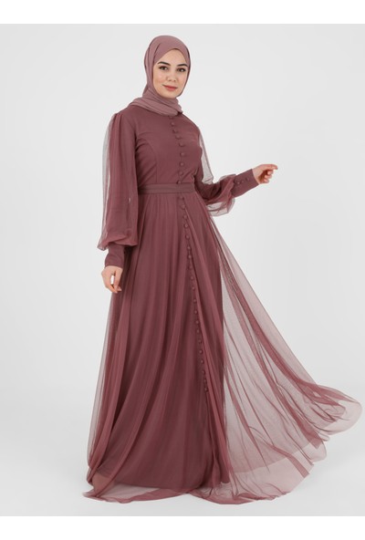 Tavin Brit Detaylı Abiye Elbise - Gül Kurusu - Tavin