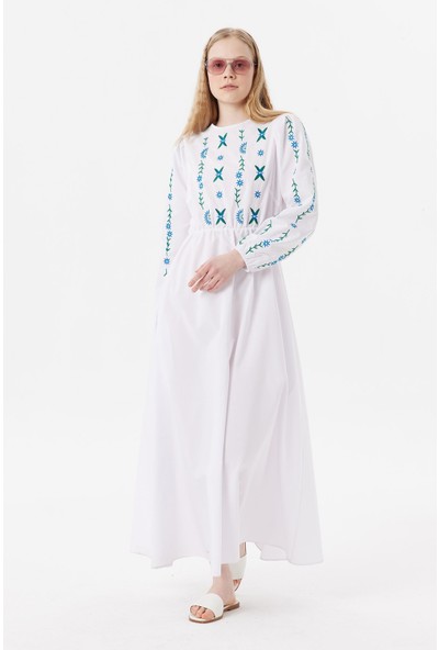 Fahhar Vintage Mavi Nakışlı Elbise