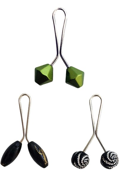 3 Adet Tesettür Eşarp ve Şal Klipsi Siyah Siyah Desenl Yeşil