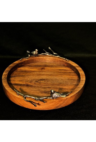 Wood Story Design Ahşap Kuşlu Yuvarlak Sunum Tabağı