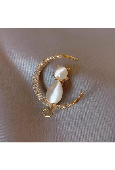 Cosita Vintage Gold Yarım Ay Kedi Figürlü Broş